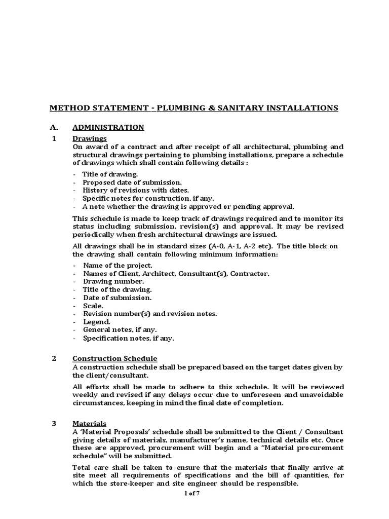Method Statement Plumbing | PDF | Plumbing | Pipe (Fluid Conveyance)