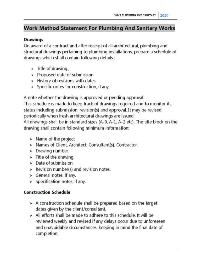 Work Method Statement For Plumbing and Sanitary Worksdocx | PDF | Plumbing | Pipe (Fluid Conveyance)