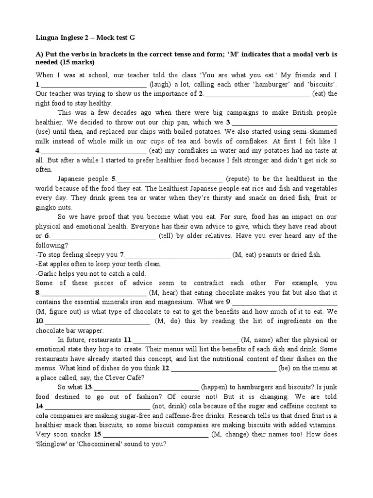 Mock English test with grammar exercises | PDF | Menu | Foods