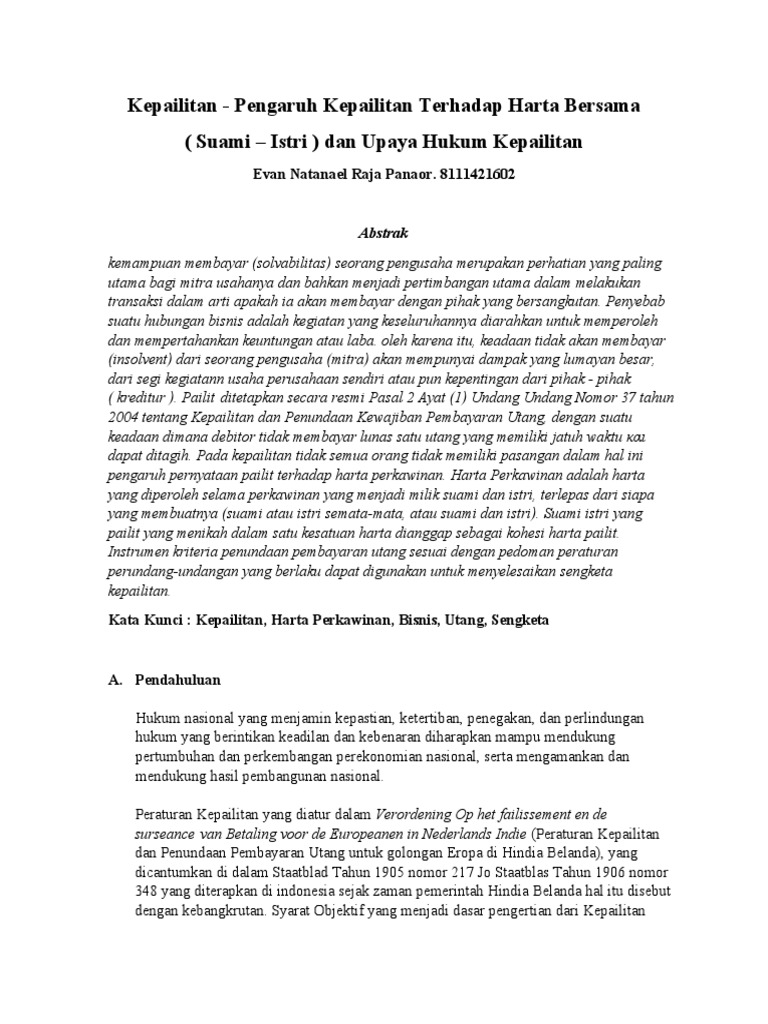 (UAS) Pengaruh Kepailitan Terhadap Harta Bersama | PDF