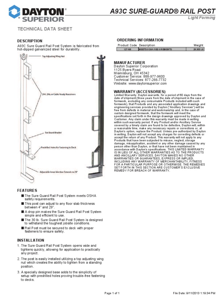 Formwork A93c Sureguard Railpost | PDF | Specification (Technical Standard) | Implied Warranty