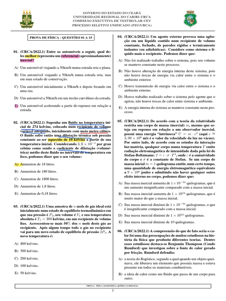 Prova I Fis Mat Qui Bio | PDF | Calor | Temperatura