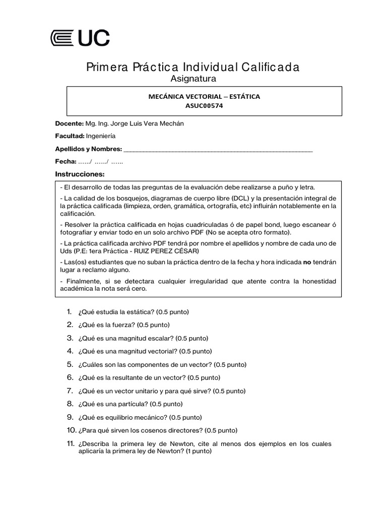 Primera Práctica Calificada | PDF | Vector Euclidiano | Mecanica clasica