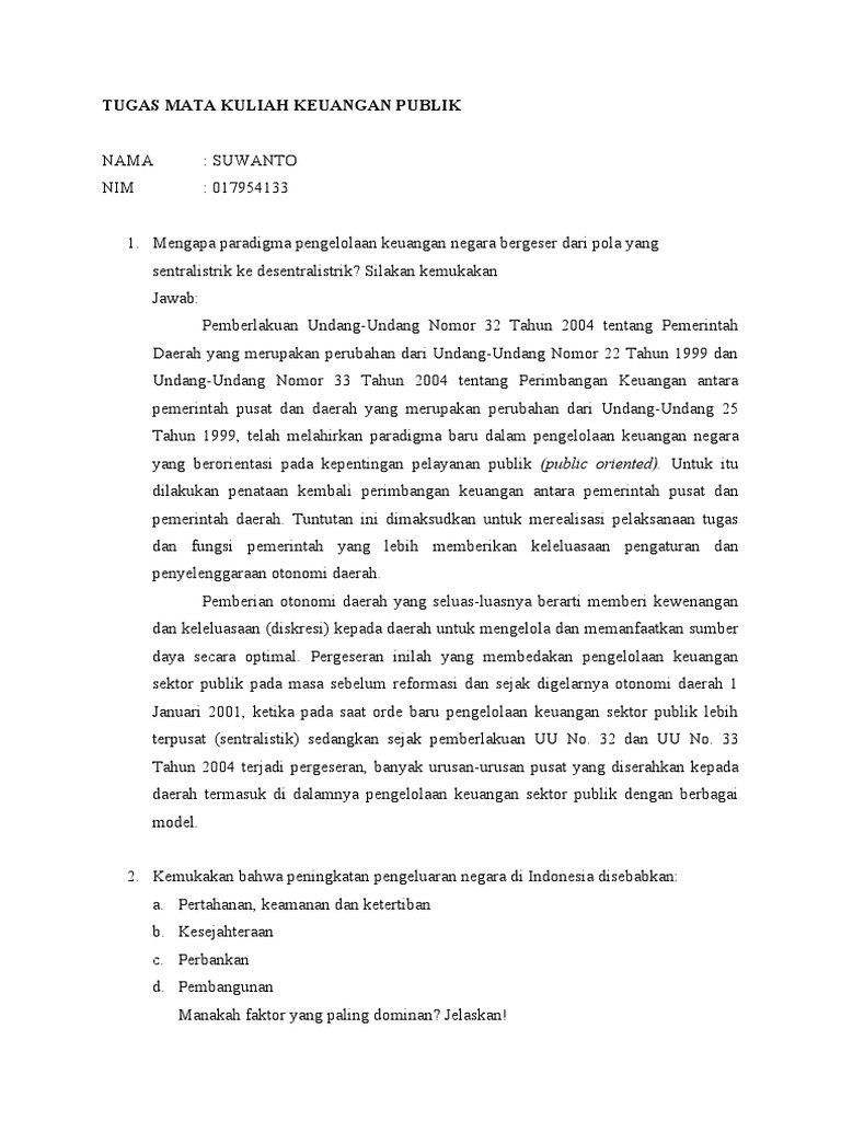 SUWANTO (017954133) Tugas 1 Keuangan Publik | PDF