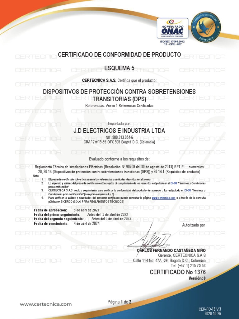 Certificado DPS-Pararrayos JAPS | PDF