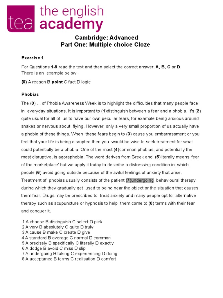 Part 1 Multiple Choice Cloze Practice | PDF | Phobia | Anxiety