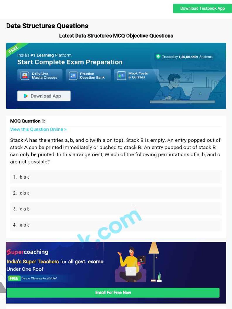MCQ On Data Structures 626fa34741c7369a8e3859c5 | PDF