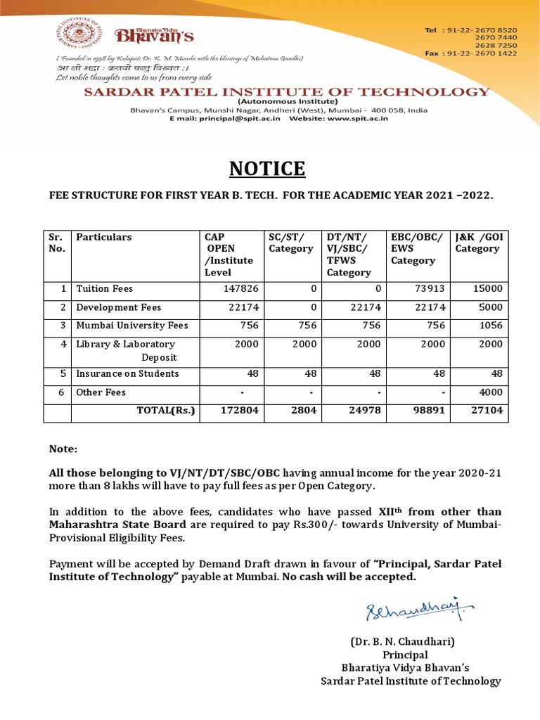 FE. B.Tech Fee Structure Notice 2021 22 | PDF