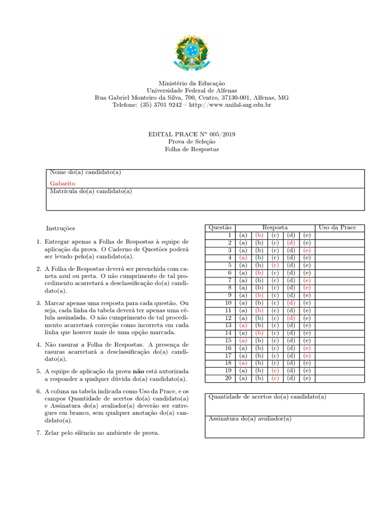 Prova Edital 0052019 Folha Gabarito | PDF