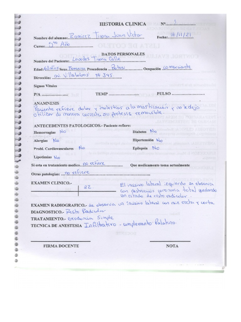 Historia Exodoncia Simple PX Lourdes Ticona | PDF