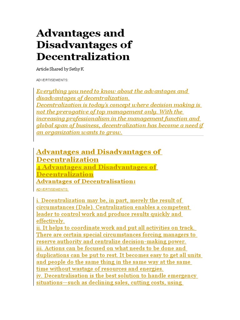 Advantages and Disadvantages of Decentralization | PDF | Decentralization | Decision Making
