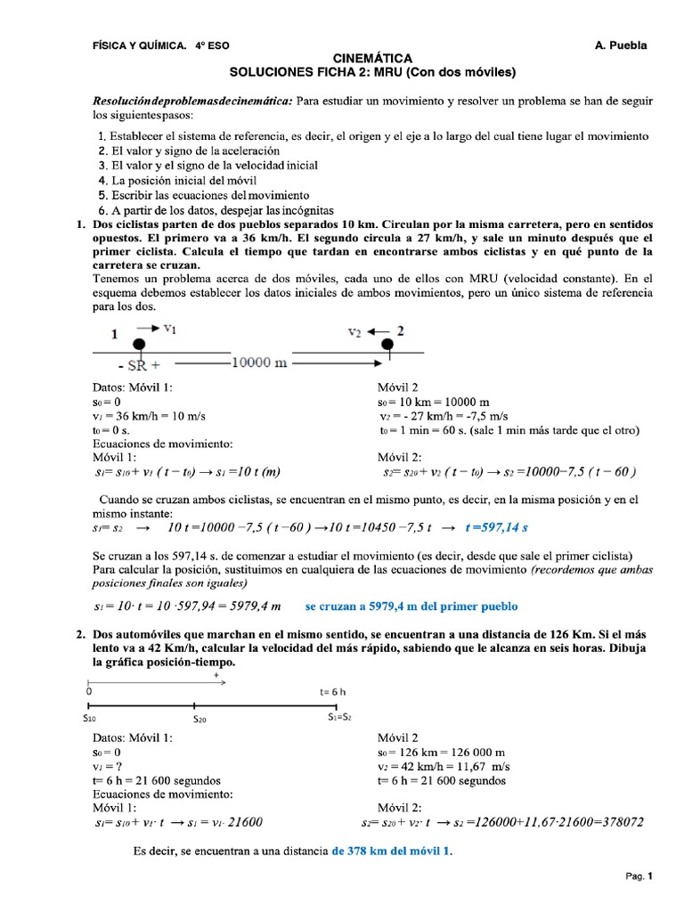 CINEMÁTICA FICHA 2 - MRU (Con Dos Móviles) | PDF