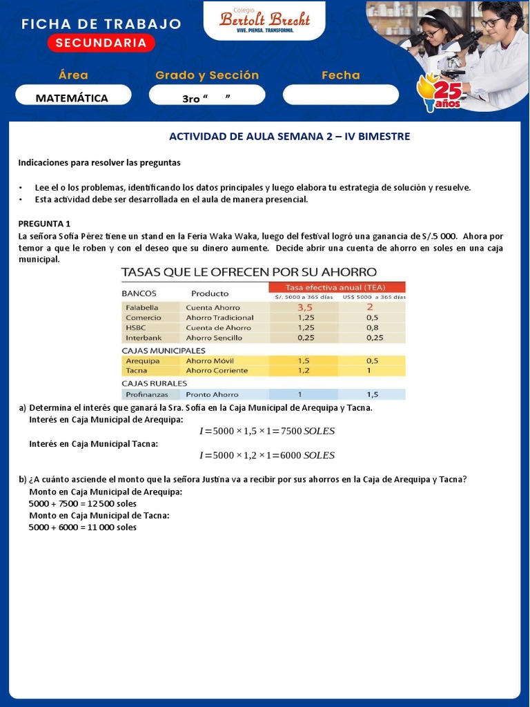 Matemática - Act Aula - 3to Año Iv Bim | PDF | Interés | Bancos