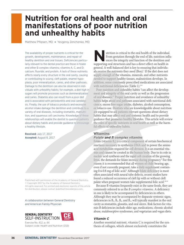 Nutrition For Oral Health and Oral Manifestation of Poor Nutrition and ...