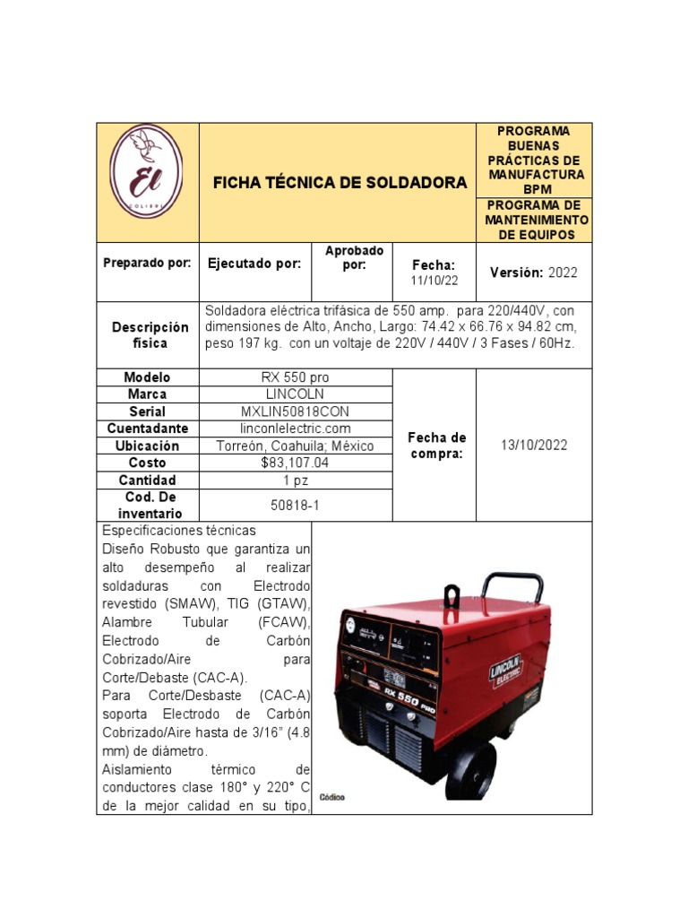 Ficha Tecnica de Soldadora | PDF | Soldadura | Construcción