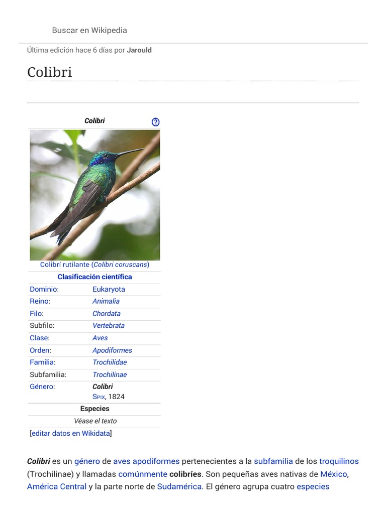 Colibri - Wikipedia, La Enciclopedia Libre | PDF