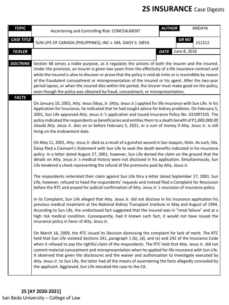 Sun Life v. Sibya: Insurance Claim Ruling | PDF | Misrepresentation ...