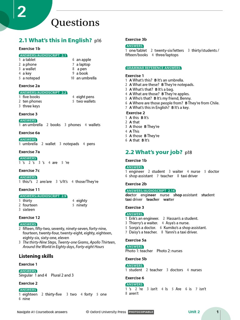 Navigate A1 Coursebook Unit 2 Answer Key | PDF