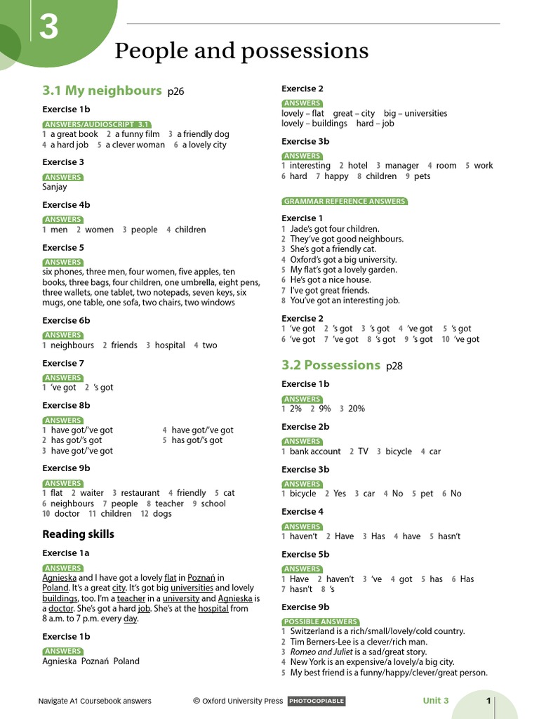 Navigate A1 Coursebook Unit 3 Answer Key | PDF