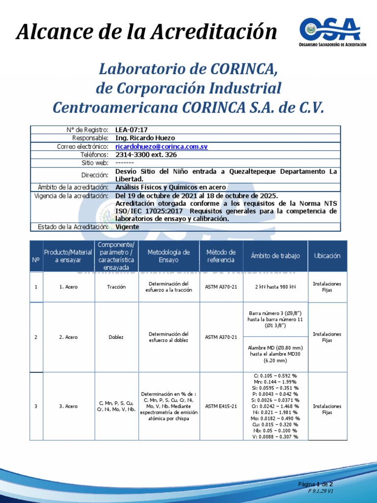 Acreditación Laboratorio CORINCA 2021-2025 | PDF | Materiales