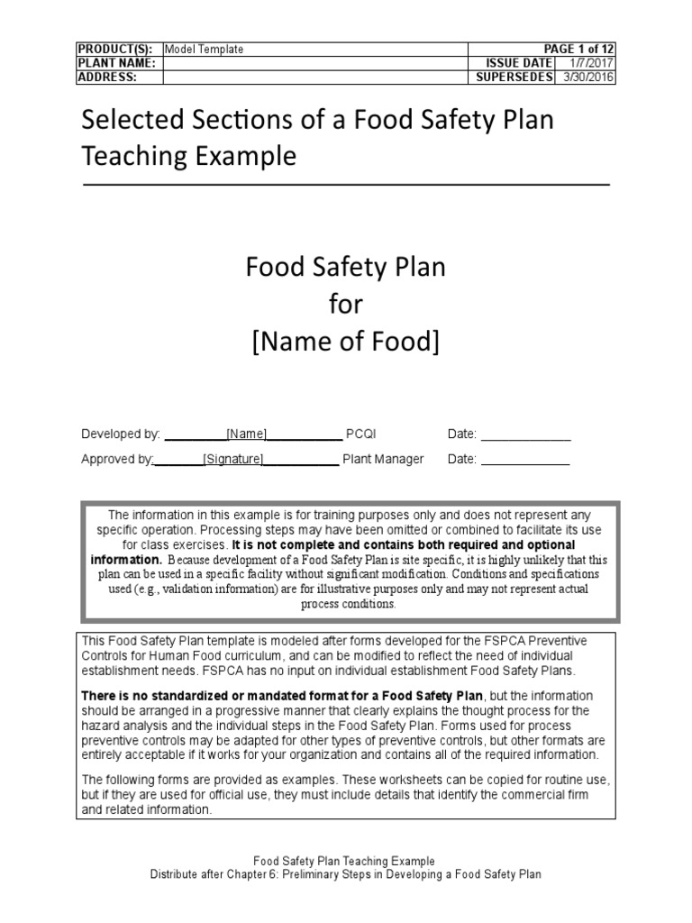 Food Safety Plan Template Example | PDF | Food Allergy | Foods