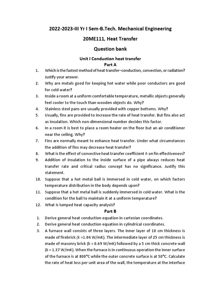 20ME111, Heat Transfer-Unit I II-Question Bank | PDF | Heat Transfer ...