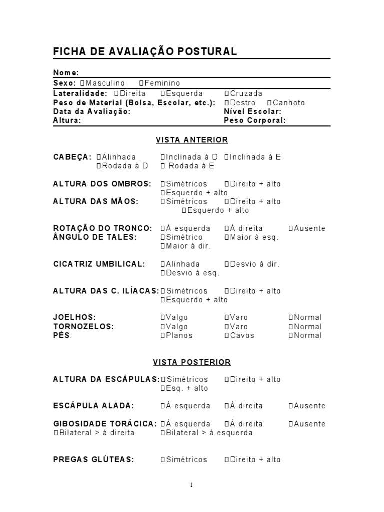 Avaliação Postural: Ficha de Análise da Postura Corporal | PDF | Coluna ...
