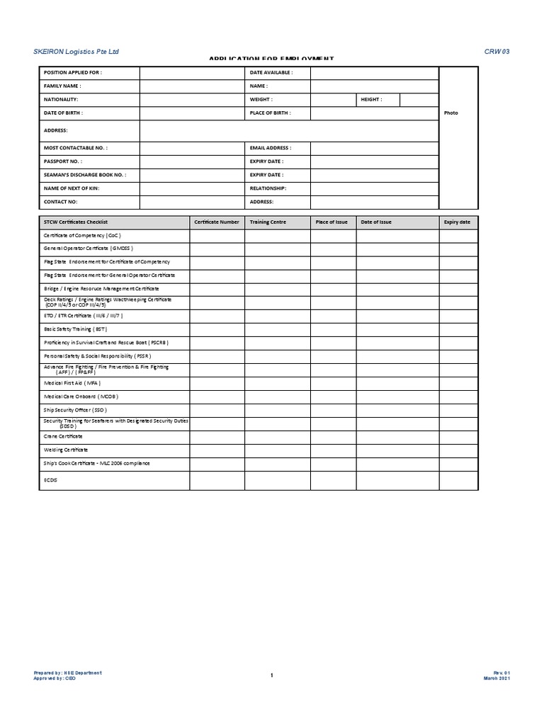 CRW 03 - Sea Staff Application Form | PDF | Sailor | Transport