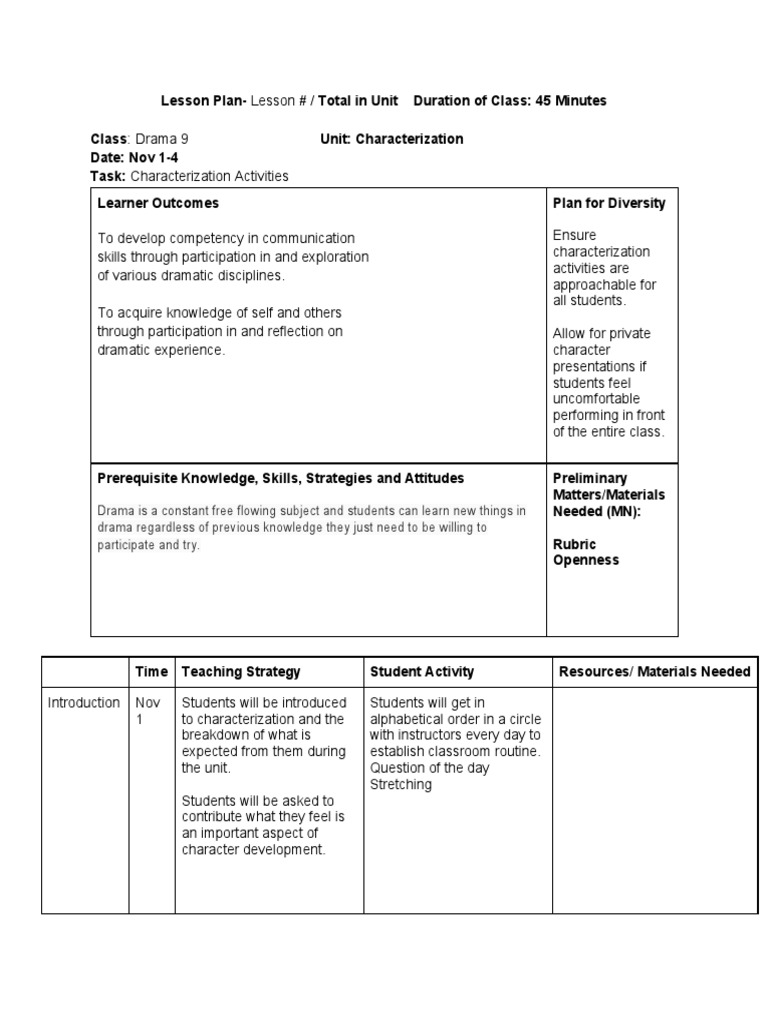 Drama 9 Week 9 Lesson Plan | PDF | Lesson Plan | Change
