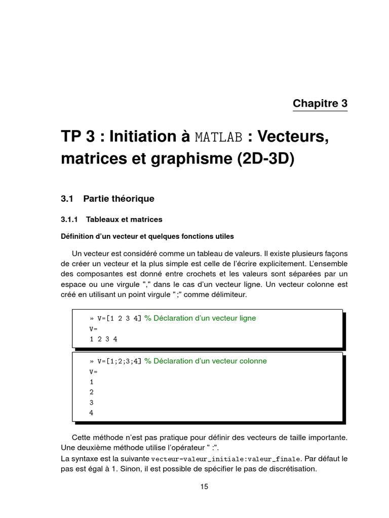 Initiation à MATLAB : Vecteurs et Graphisme | PDF | Matrice ...