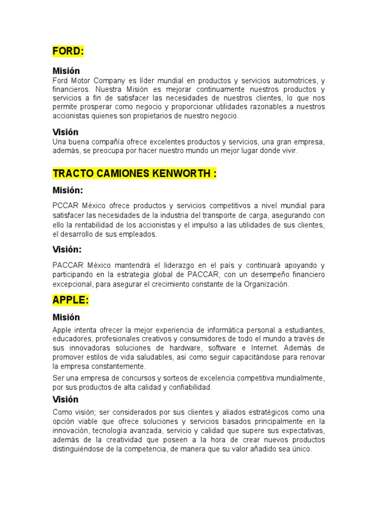 Misión y Visión de Ford Motor Company | PDF | Business | Liderazgo