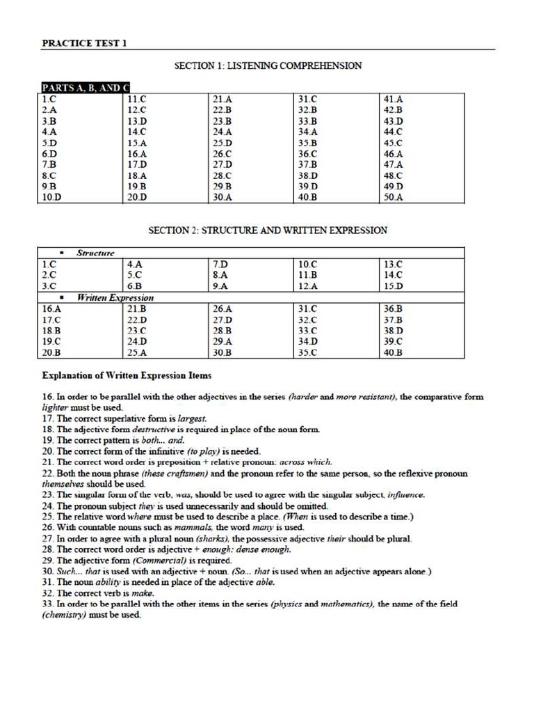 TOEFL PBT Test 1 Answers | PDF