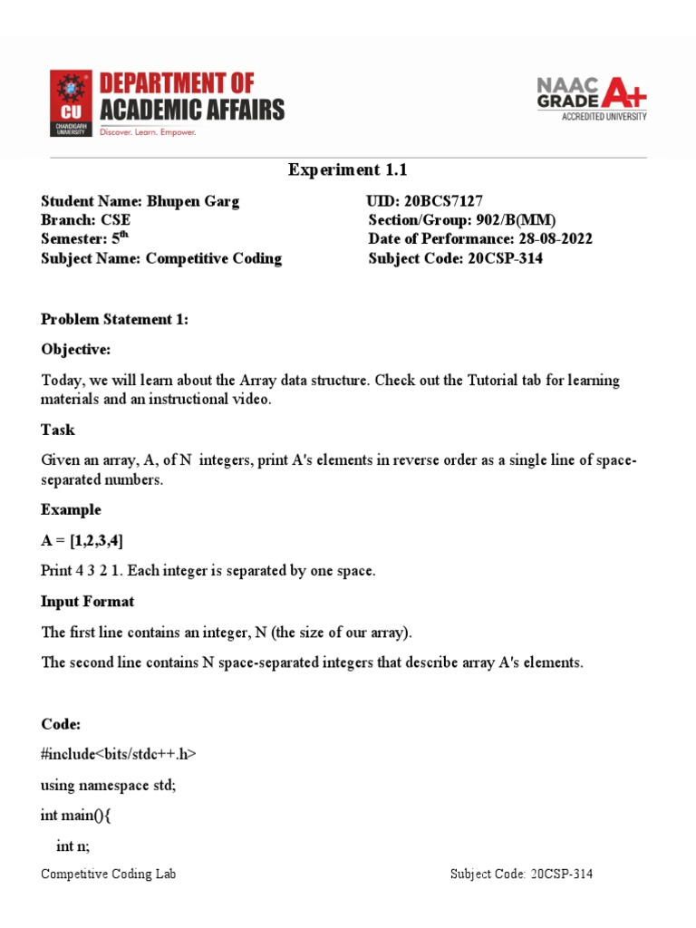 Experiment Report: Arrays and Sum of Array Elements | PDF | Array Data Structure | Subroutine