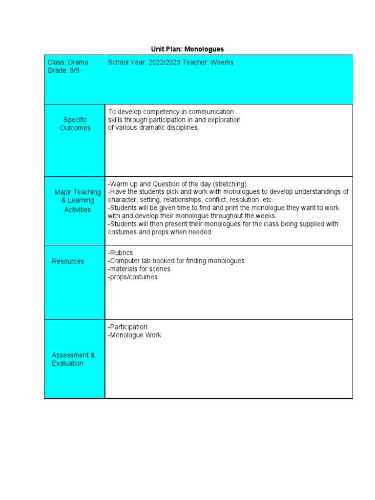 Drama 8 and 9 Monologue Unit Plan | PDF | Career & Growth | Art
