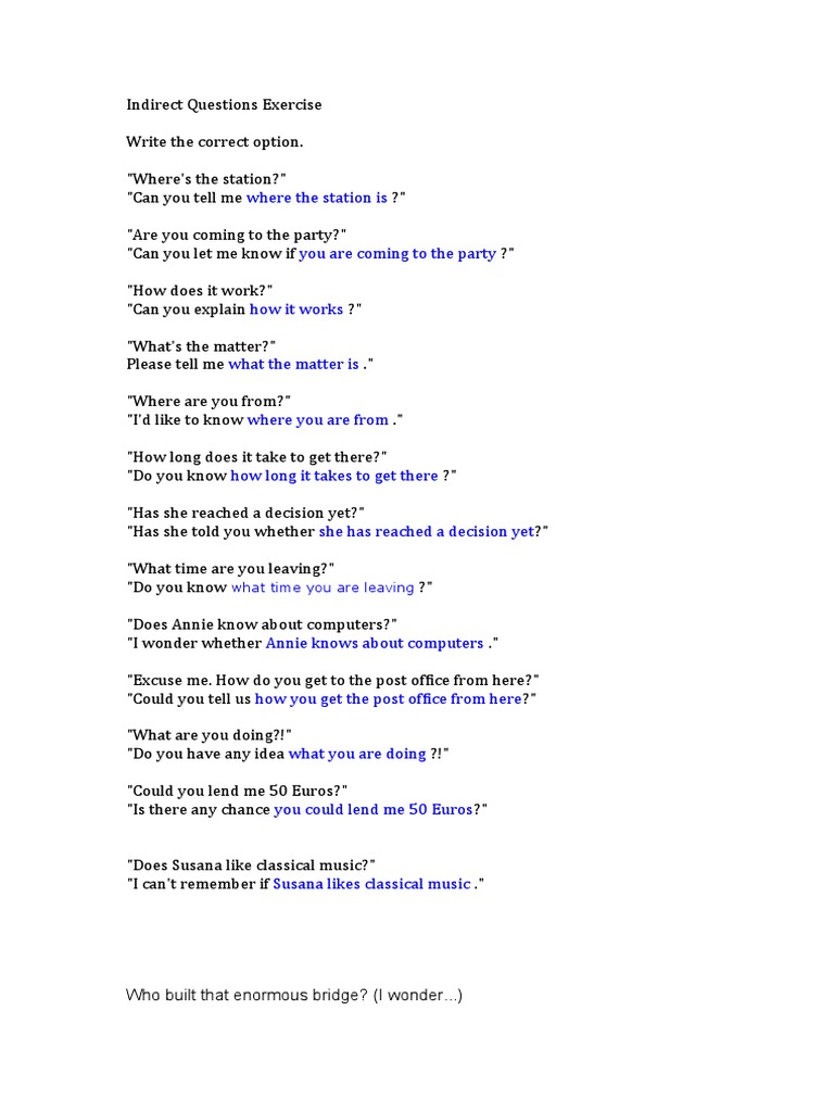 Indirect Questions Exercise | PDF