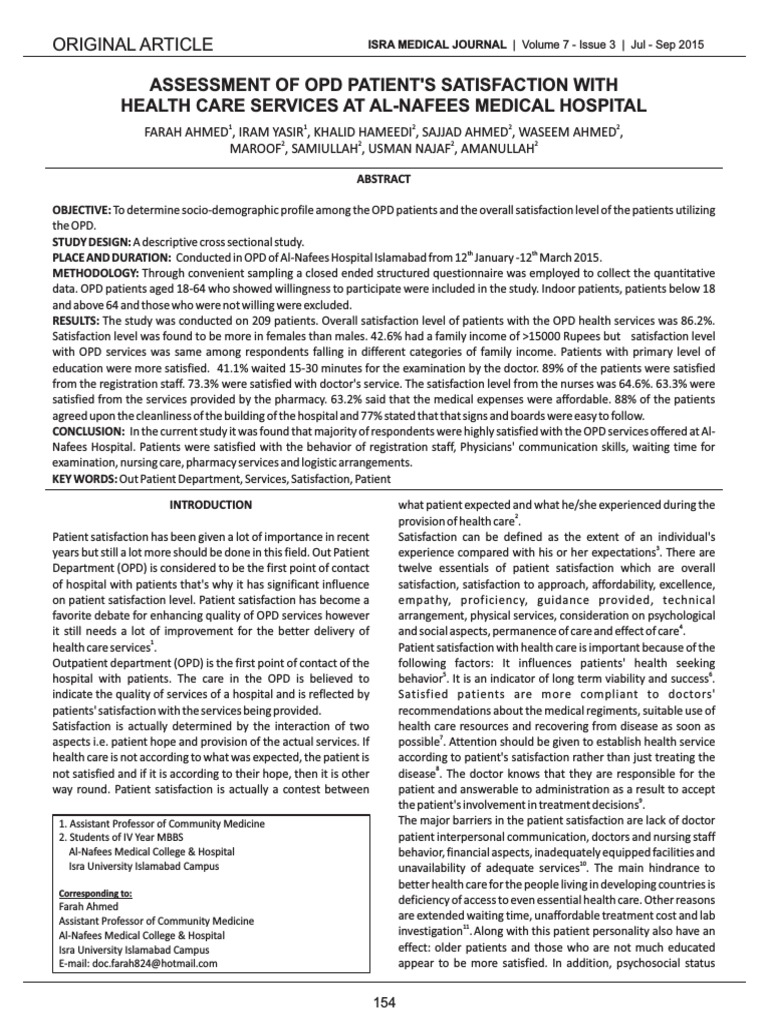 Assessment of Opd Patient's Satisfaction With | PDF | Patient | Hospital