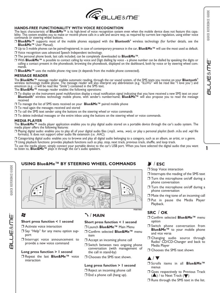 Hands-Free Functionality With Voice Recognition: Blue&Me™ User Manual ...
