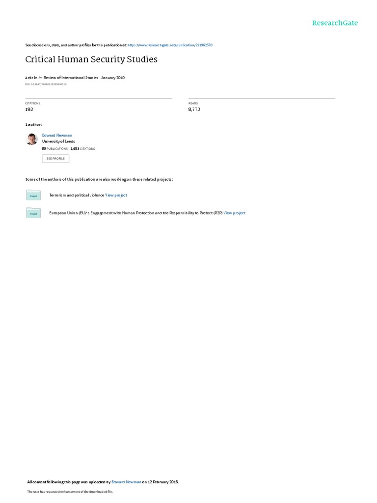 Newman CriticalHumanSecurityStudies | PDF | Human Security | Securities