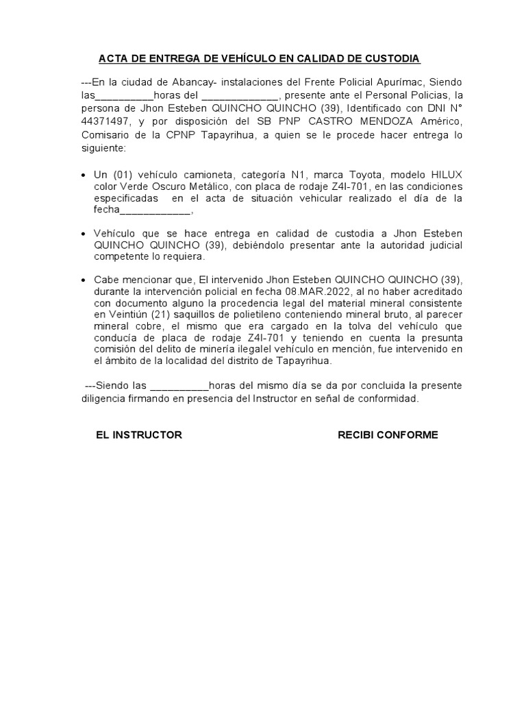 Acta de Entrega de Vehiculo | PDF