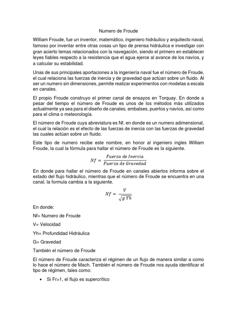 Fórmula y Aplicaciones del Número de Froude | PDF | Canal | Gravedad