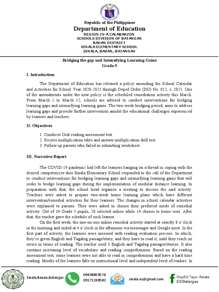 Grade 5-Remedial Activity-Narrative Report | PDF | Learning | Reading ...