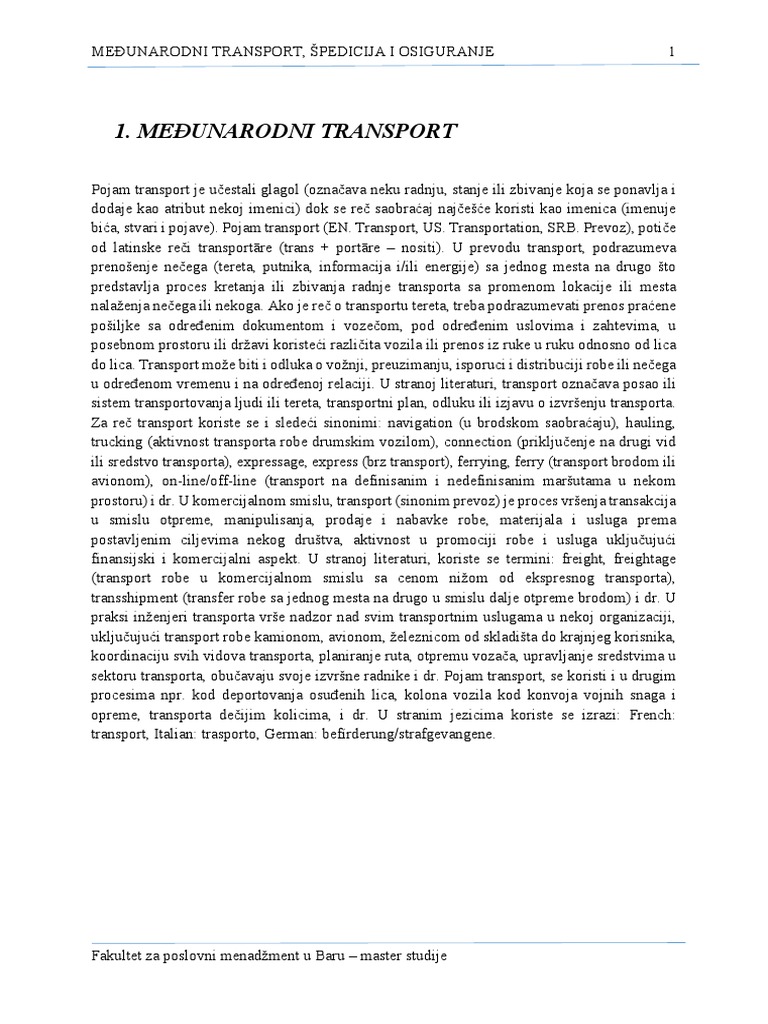 1636 - Medjunarodni Transport Robe - Master Studije FPM Bar 2020 | PDF