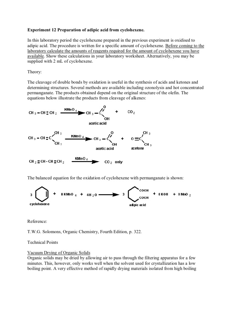 Experiment 12 Preparation of Adipic Acid From Cyclohexene