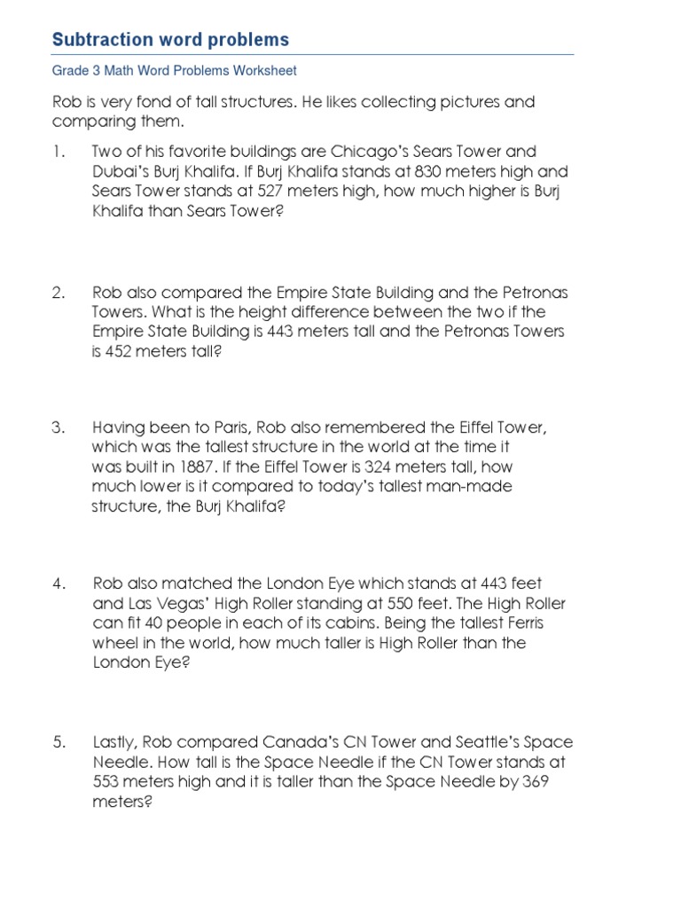 Subtraction Word Problem | PDF