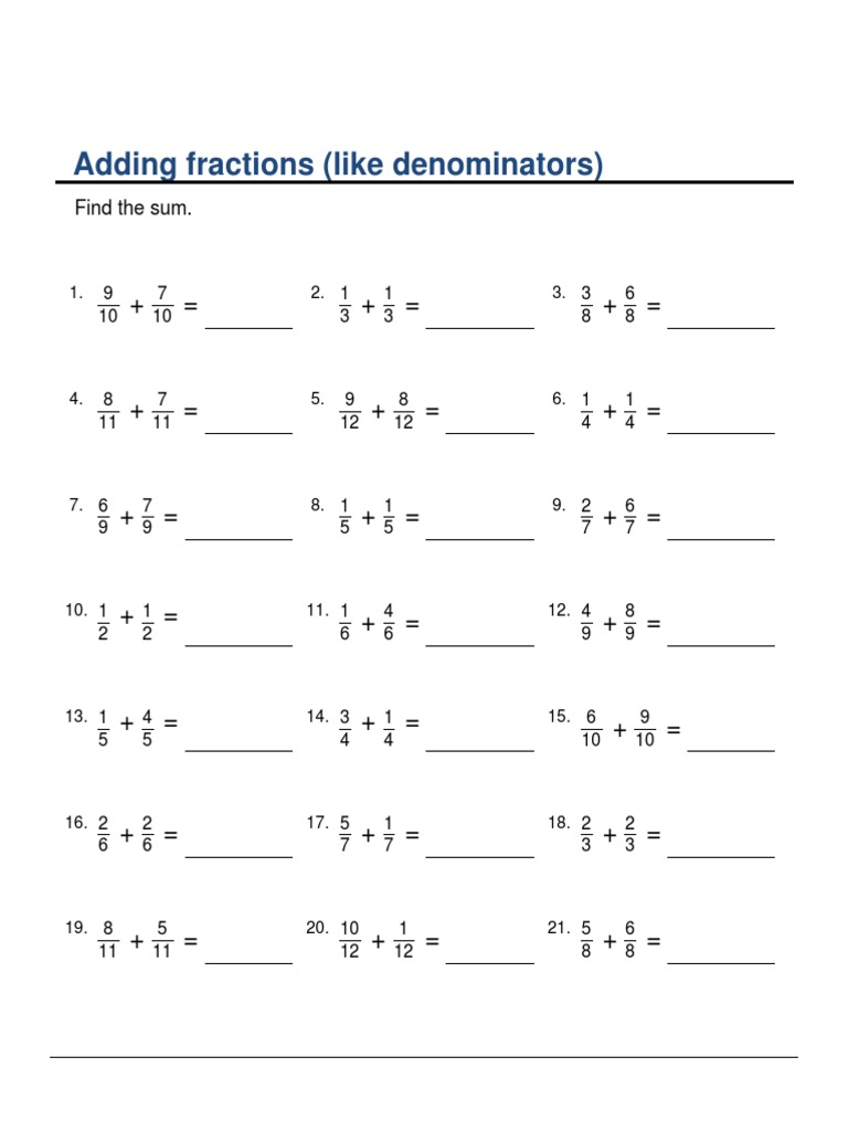 Adding Fractions: Like Denominators Worksheets | PDF | Arithmetic ...