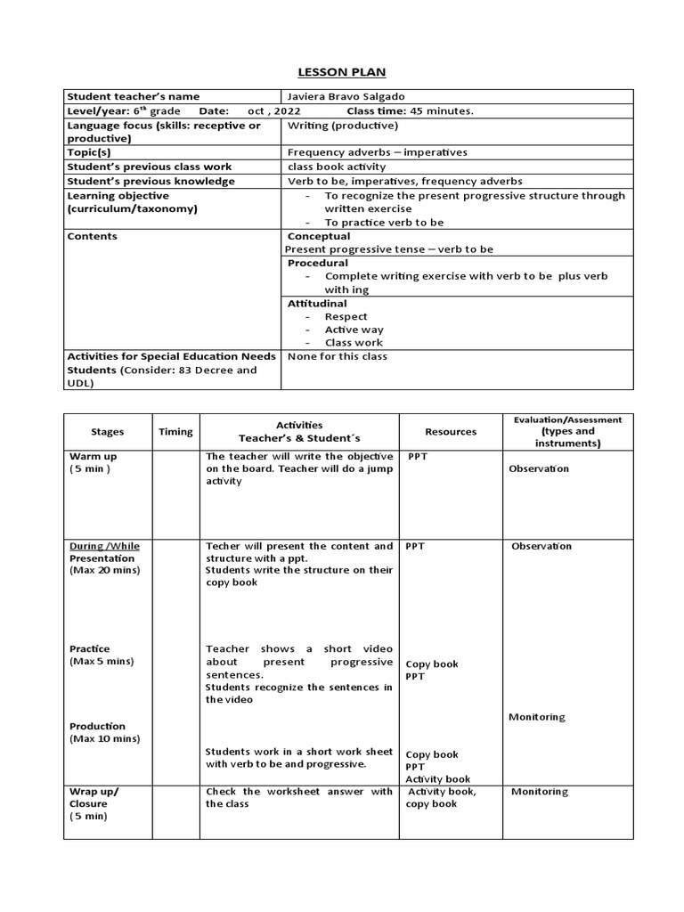Present Progressive Lesson Plan for 6th Grade | PDF | Teachers | Verb