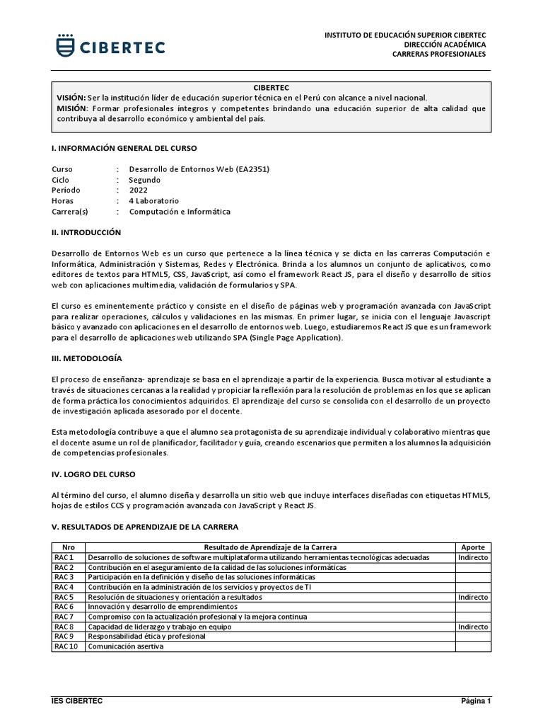 Descripción del curso Desarrollo de Entornos Web dictado en el ...