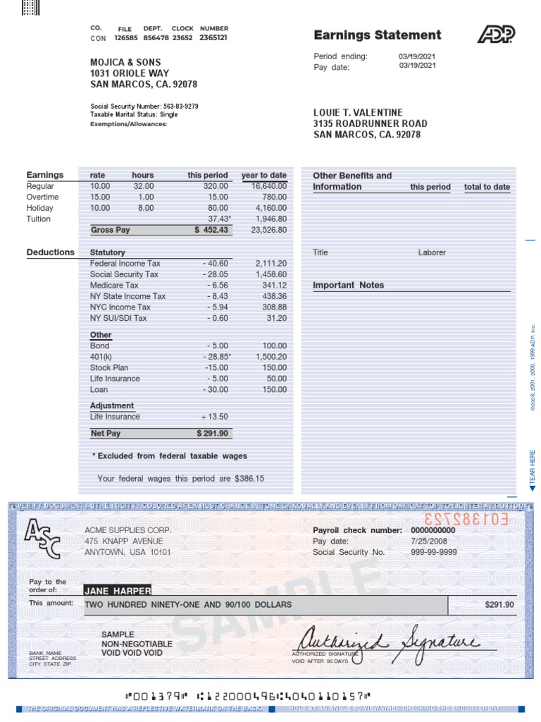 Adp Pay Stub Template 1 | PDF | Income Tax In The United States ...