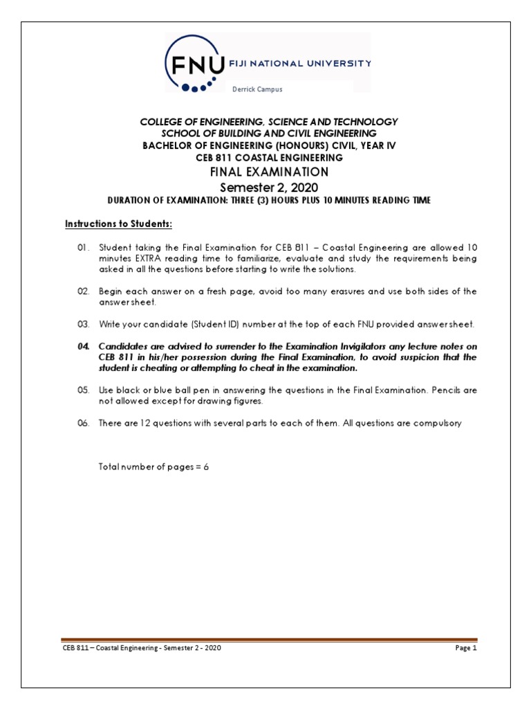 CEB 811 - Coastal Engineering - S2 - 2020 - Final Exam Paper | PDF ...