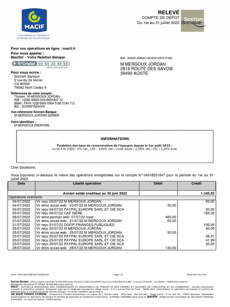 Relevé de compte Socram Banque juillet 2022 | PDF | Banques | Assurance